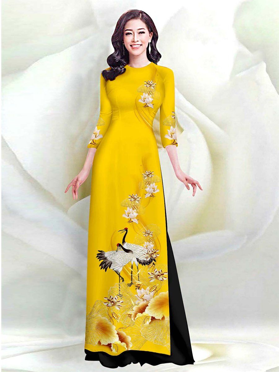 Áo dài lụa in 3D họa tiết sen và chim hạc AD012 - Lady Fashion giá sỉ ...