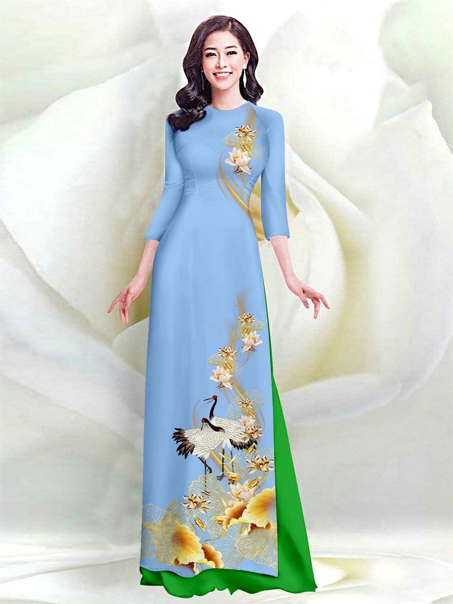 Áo dài lụa in 3D họa tiết sen và chim hạc AD012 - Lady Fashion giá sỉ ...